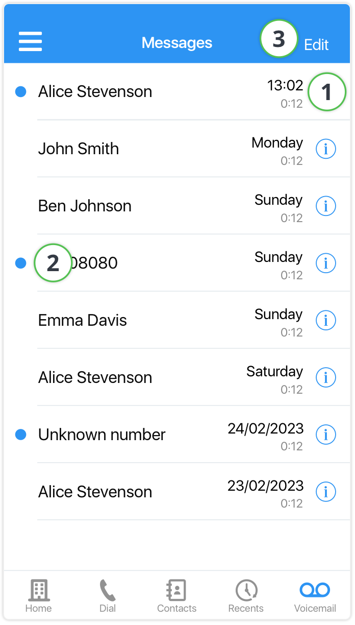Messages (voicemails) in the Myfone app