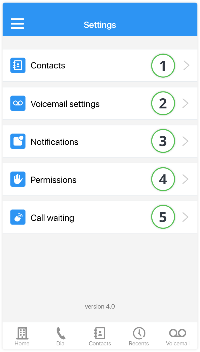 Settings in the Myfone app